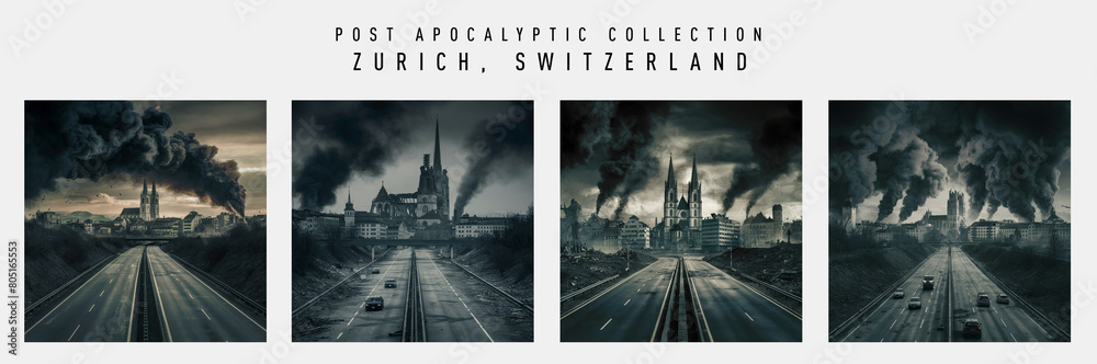 Post Apocalyptic cinematic fictional Zurich, Switzerland city skyline ...