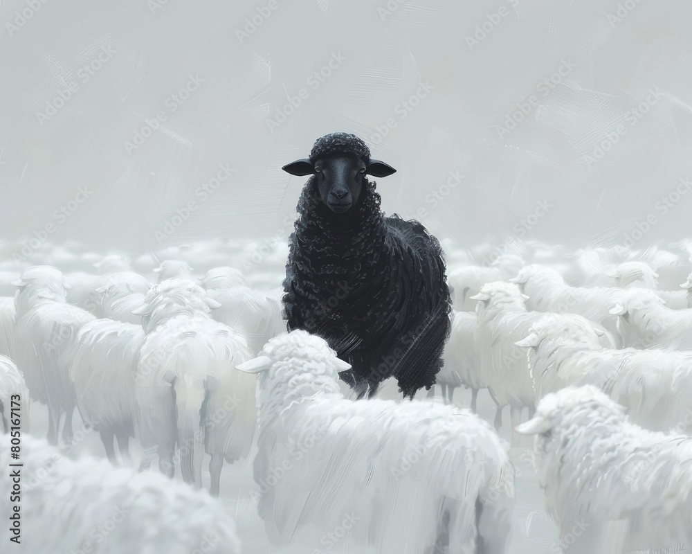 A black sheep stands out in a field of white sheep. The black sheep is ...