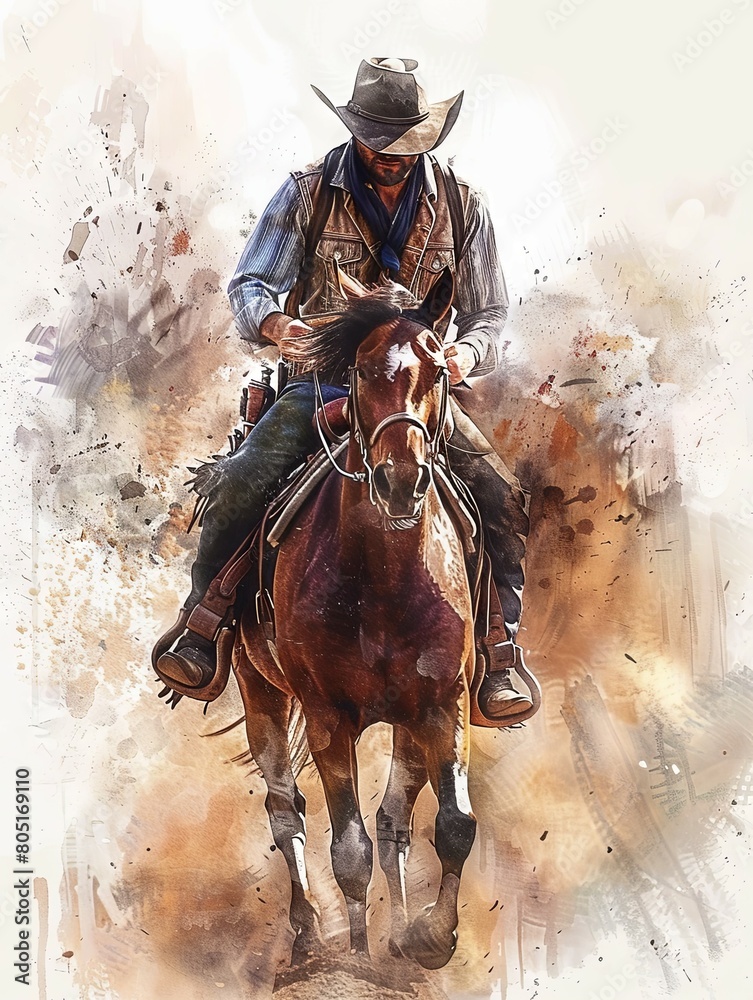 A lone cowboy explorer, dressed in traditional frontier garb, stands ...