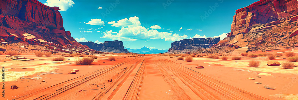 Arid desert landscape with a winding road disappearing into the horizon ...