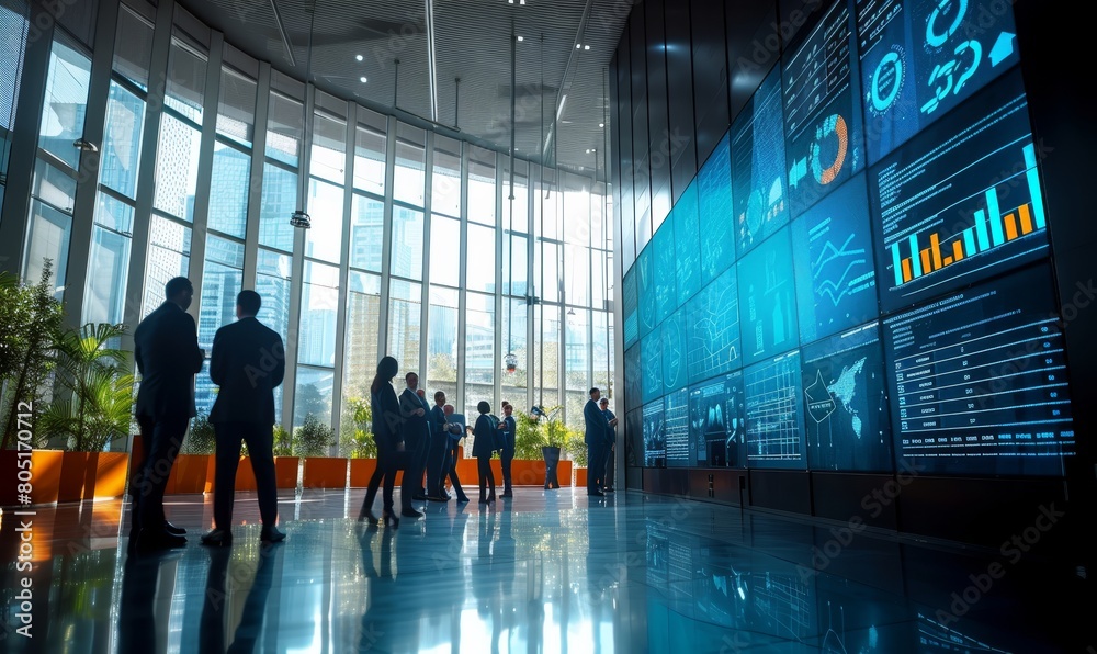 A bustling corporate lobby with business professionals networking ...