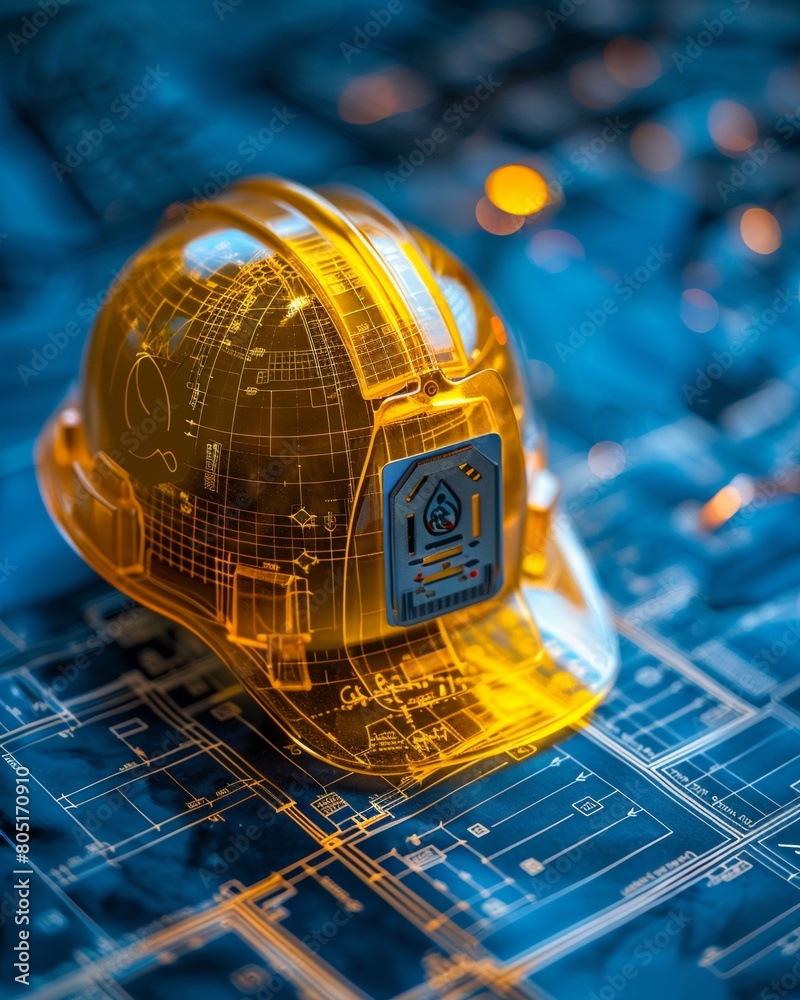Fire safety planning and engineer consultation, closeup on blueprint ...