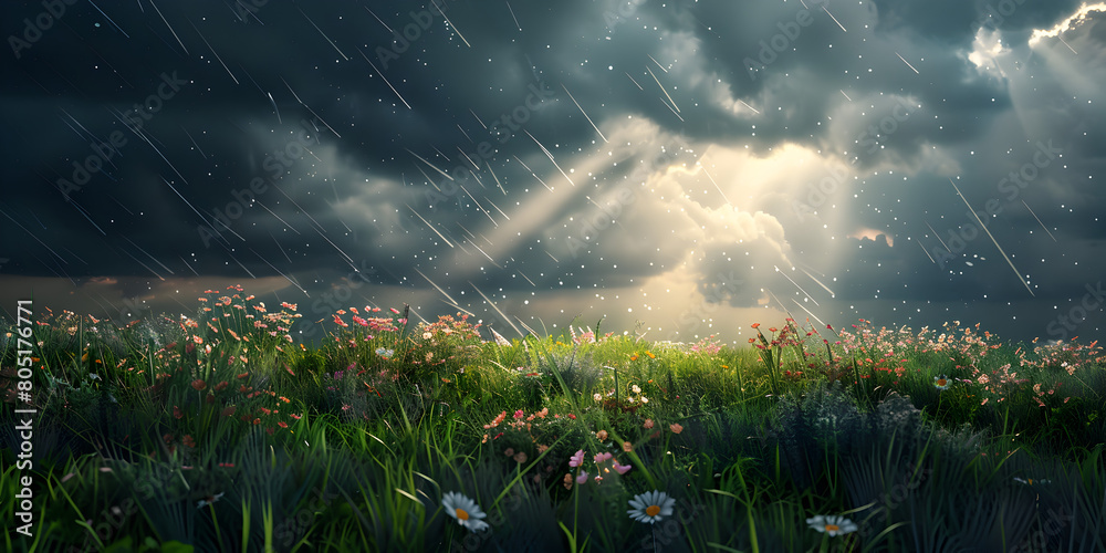 Cloudy dramatic sunset sky with a green field and rays of sunlight ...