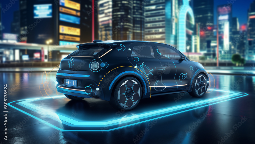 Backside Futuristic AR car with glowing wire-frame neon light concept ...