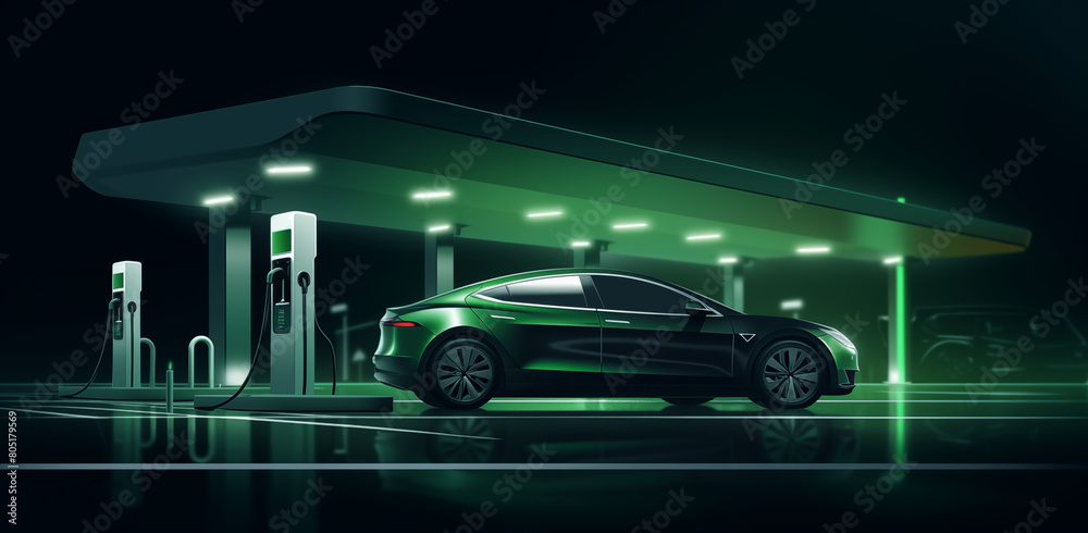A self-driving electric car recharging at a wireless charging station ...