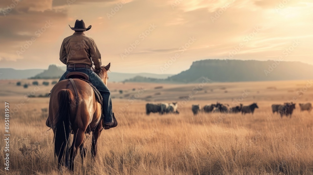 Outdoor rural scene of the view from behind of a cowboy wearing leather ...