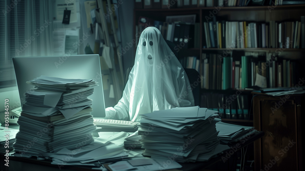 Ghost working late at the office. A ghost figure working late at a ...