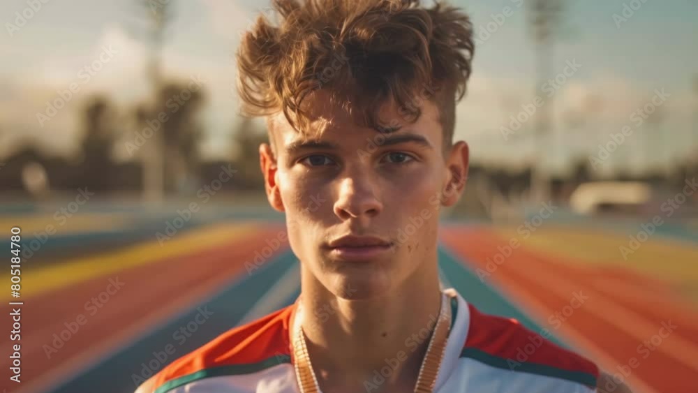 Serious champion winner man. Young guy win run championship. The best ...