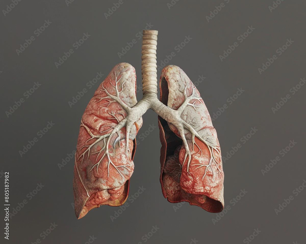 3D rendering of a pair of human lungs. The lungs are textured to ...