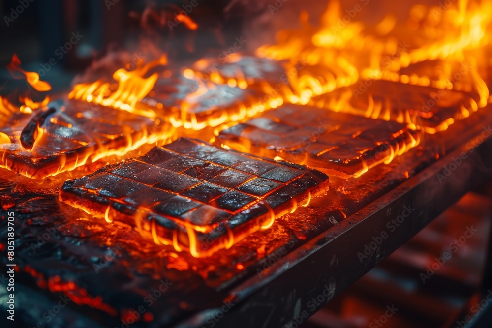Steel sheets being intensely heated in a massive furnace, showcasing ...