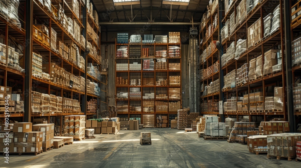 Expansive distribution warehouse interior showcases shelves stacked ...