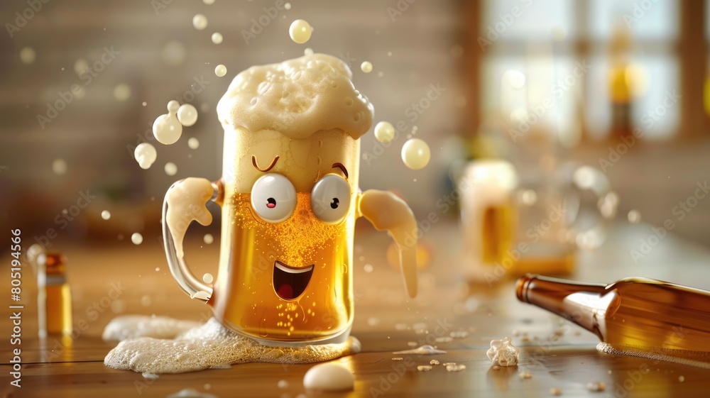 whimsical illustration Oktoberfest of a large animated beer glass with ...