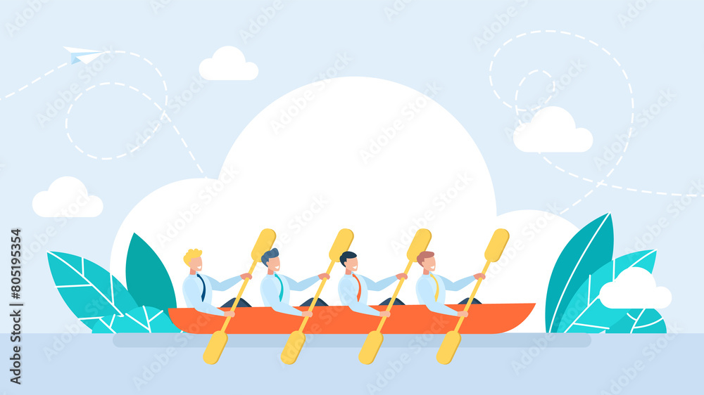 A group of men in a boat are rowing synchronously. Cooperation of ...