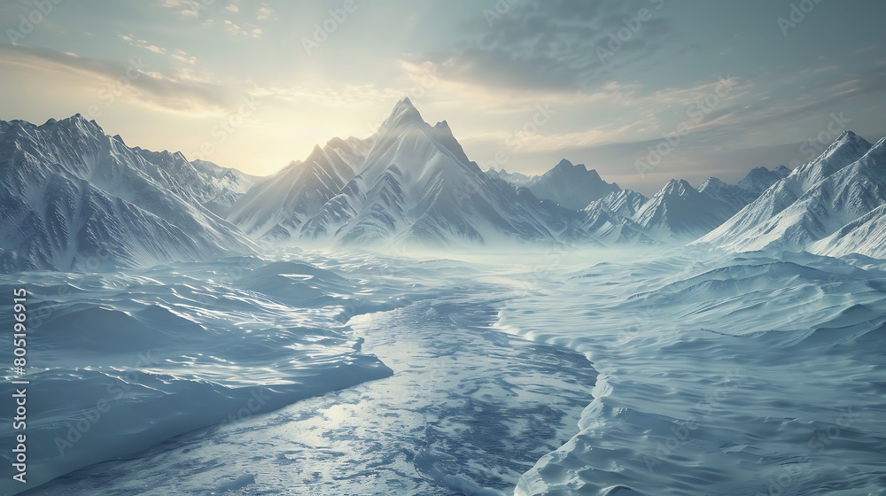 Discover the ethereal beauty of frozen landscapes, where mountains rise ...