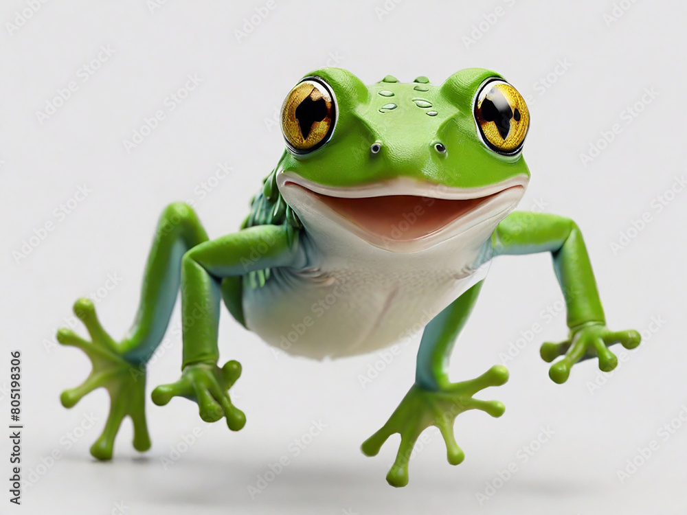 A playful image of a small frog, its bright green skin contrasting with ...