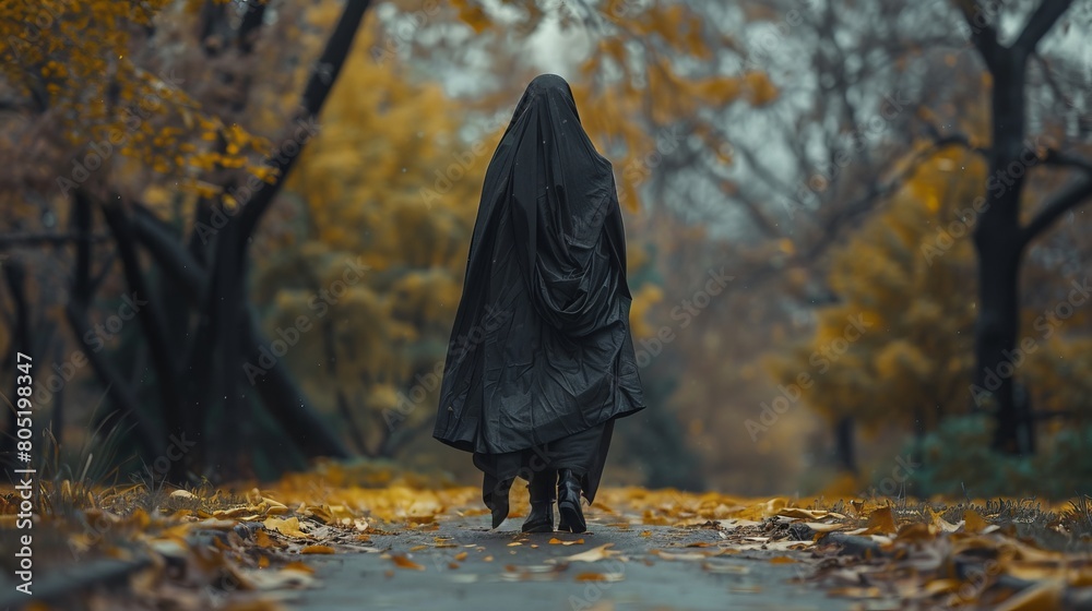 Alone in the park, a Muslim woman in niqab and rain boots exudes ...