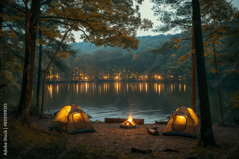 20. Campfire Cookout: A cozy campsite scene with tents pitched around a ...