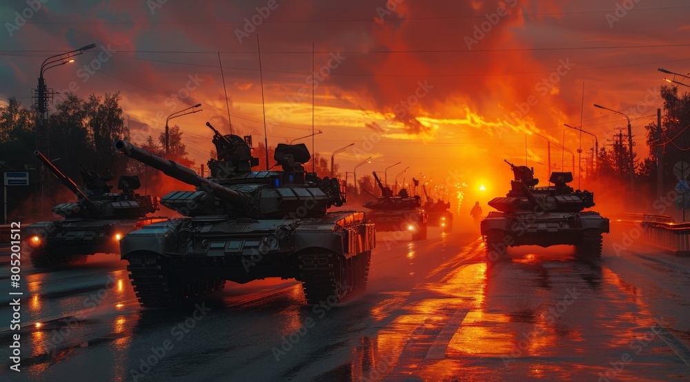 A dramatic scene with a convoy of military tanks advancing on a wet ...