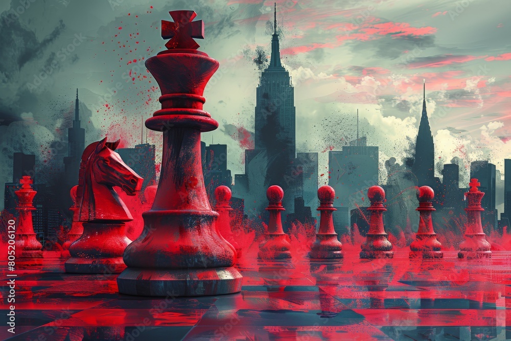 An imaginative digital artwork depicting a battle of red chess pieces ...