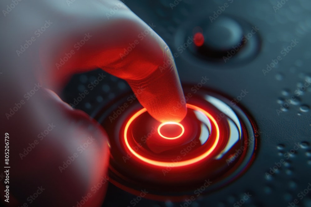 Person pressing a red light button, suitable for technology concepts ...