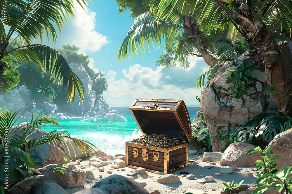 Sand, sea, sky, clouds, palm trees and a clear summer day. Pirate ...