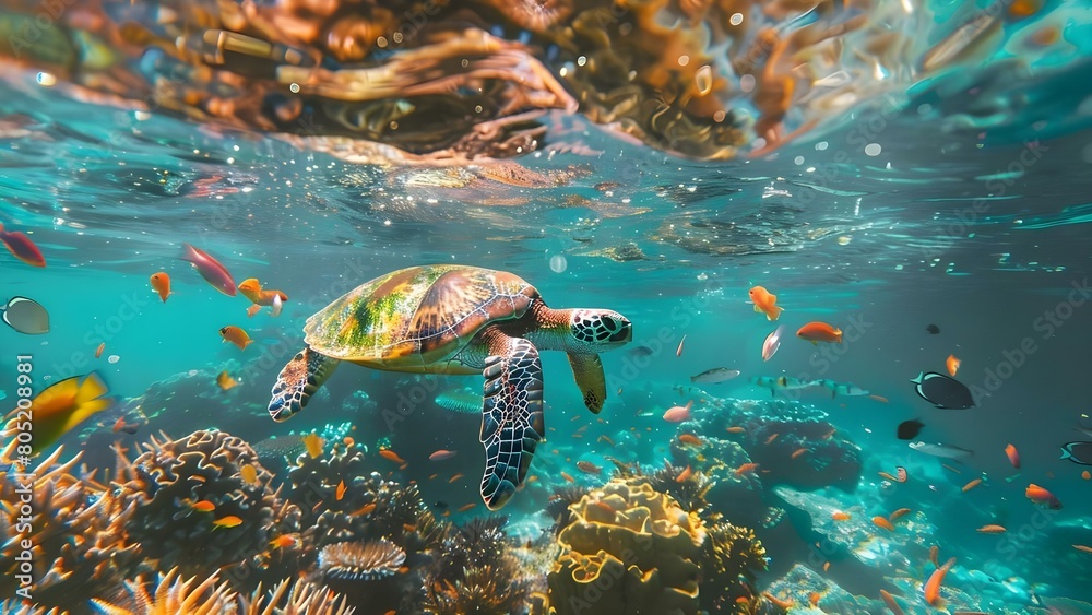 Vibrant marine life: tropical fish and sea turtles in colorful coral ...