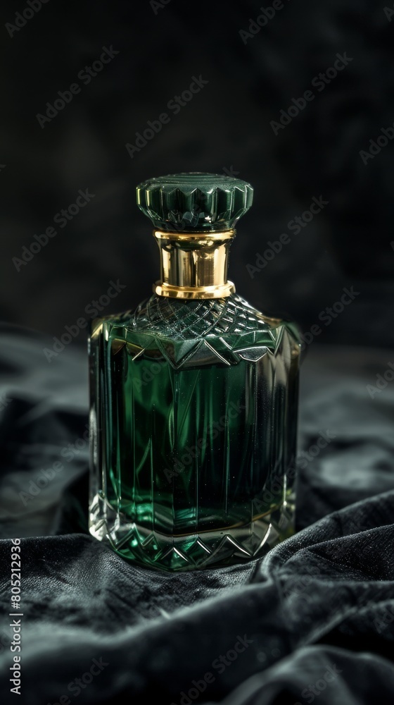 A dark green classic glass perfume bottle with a gold spray nozzle ...