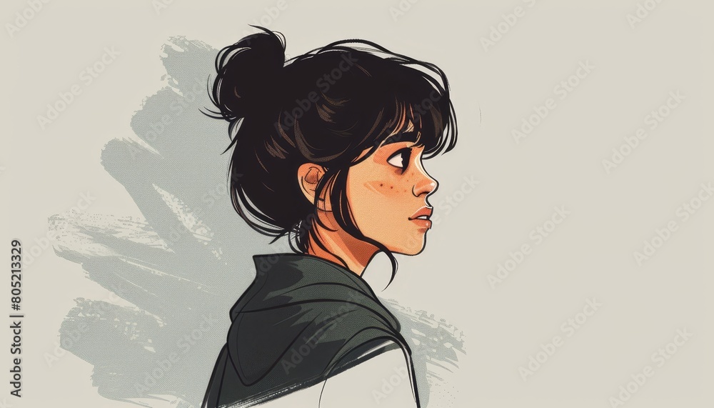 A drawing of a woman's head with a bun atop her crown and a ponytail at ...