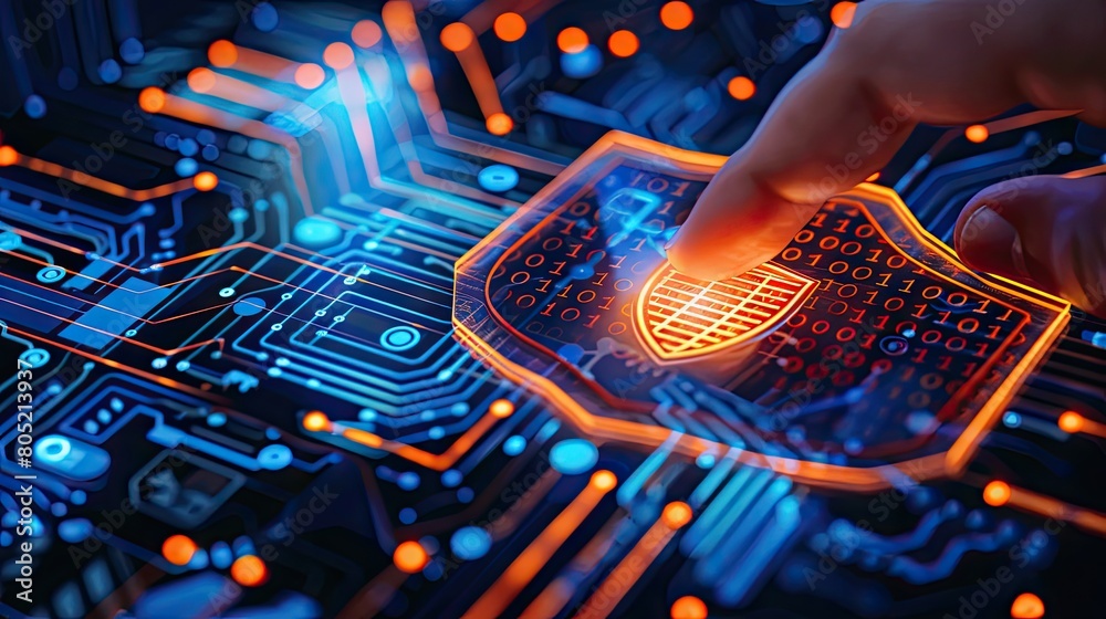 Hand touching digital shield with binary code and dark blue background, Cyber security concept ...