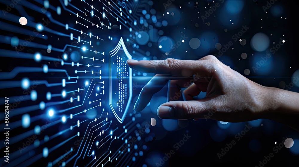 Hand touching digital shield with binary code and dark blue background, Cyber security concept ...