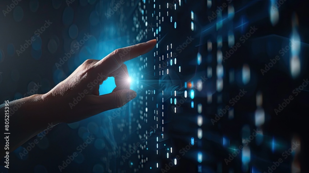 Hand touching digital shield with binary code and dark blue background ...