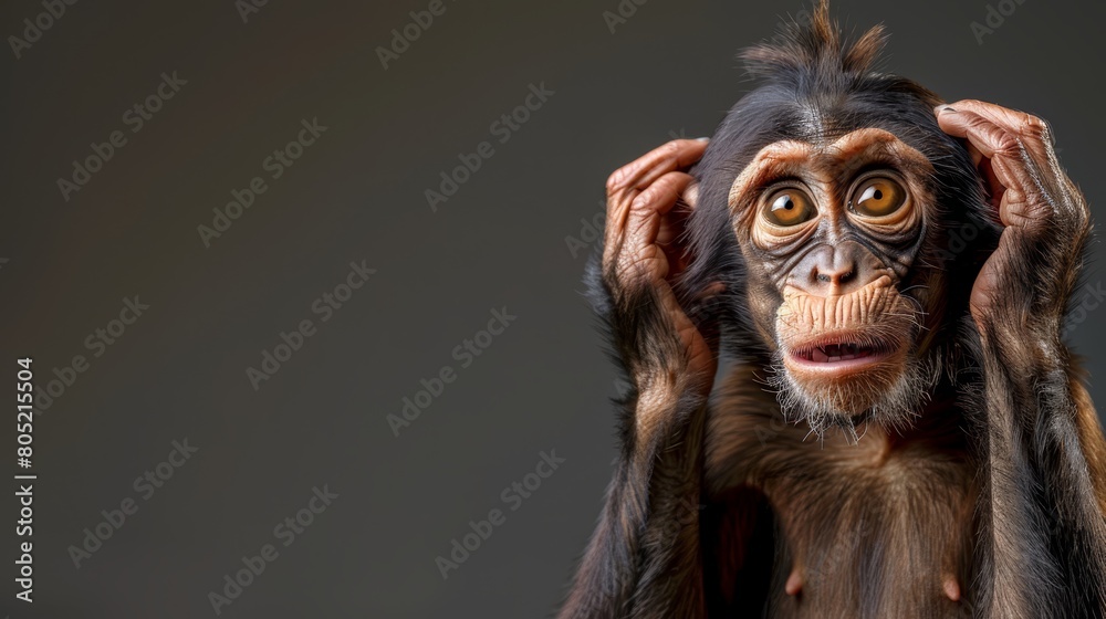 A tight shot of a monkey touching its forehead, revealing a shocked ...