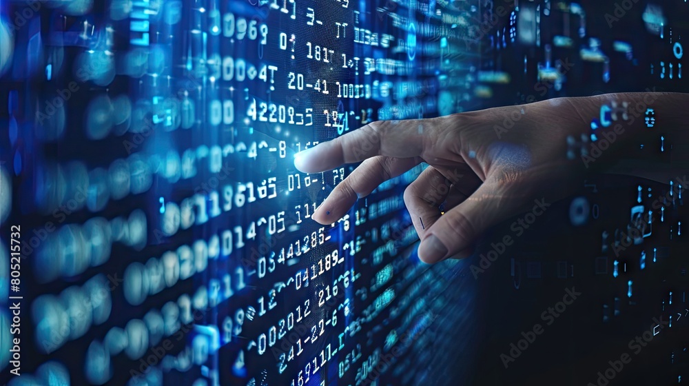 Hand touching digital shield with binary code and dark blue background, Cyber security concept ...