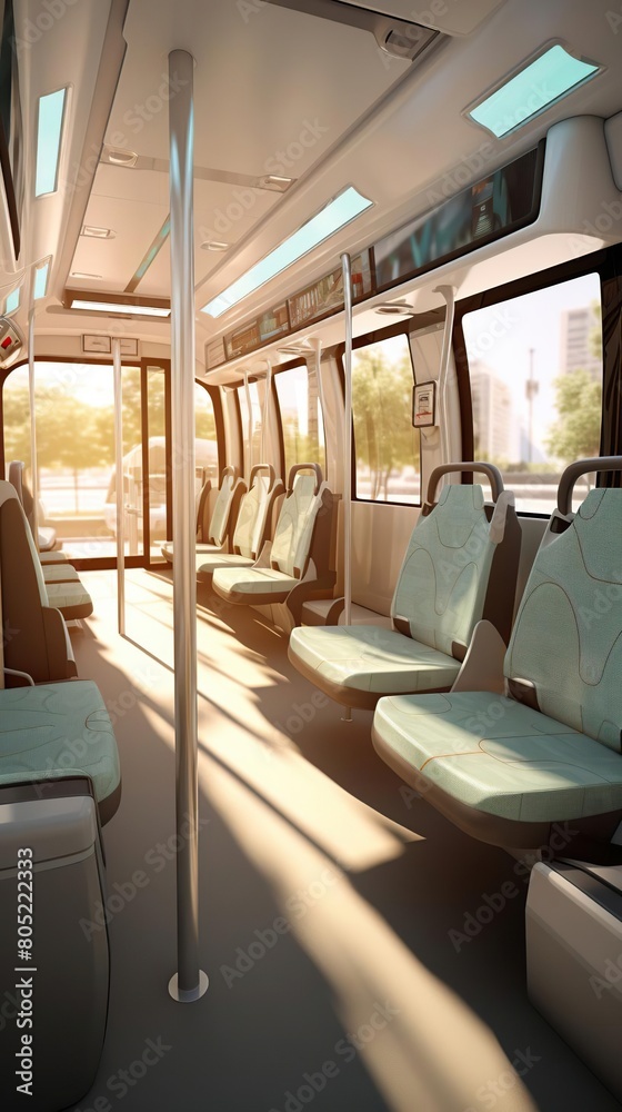 An empty bus with a futuristic interior. The seats are made of green ...
