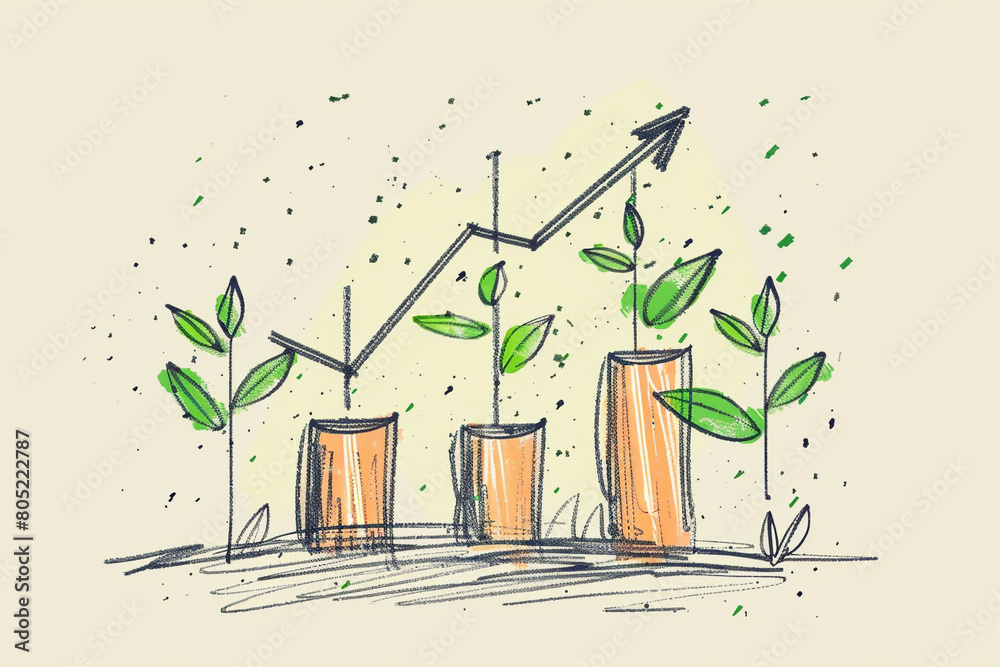 Growth Chart, Hand-drawn upward trend graph with plants growing from ...