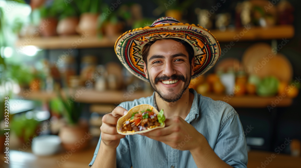 Joyful Mexican man in traditional attire holding a taco, with a vibrant ...