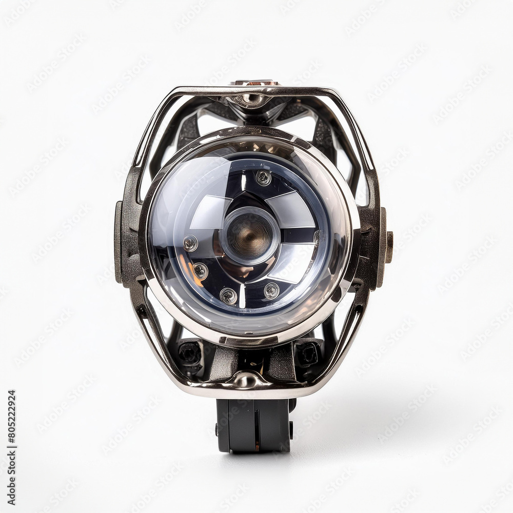 A modern, black-caged spotlight with a clear, focused lens ...