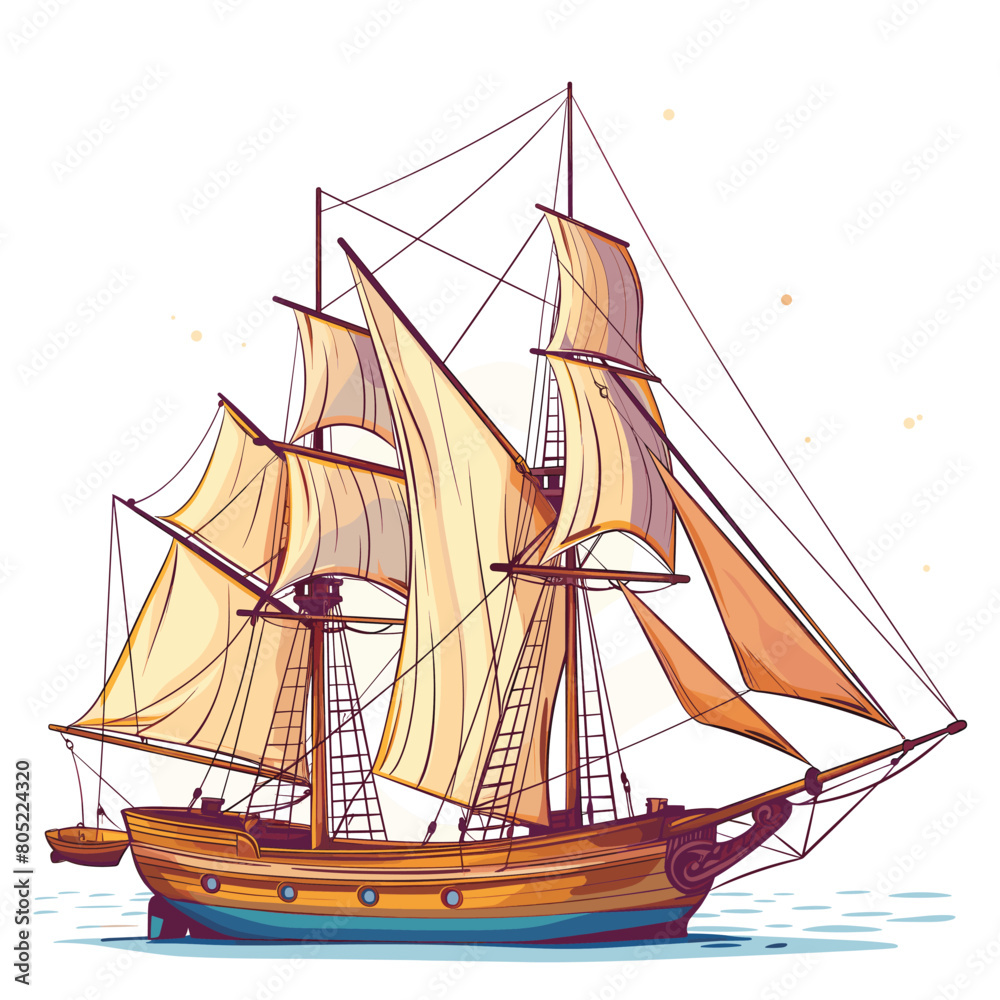Sailing ship illustration water full set sails catching wind. Wooden ...
