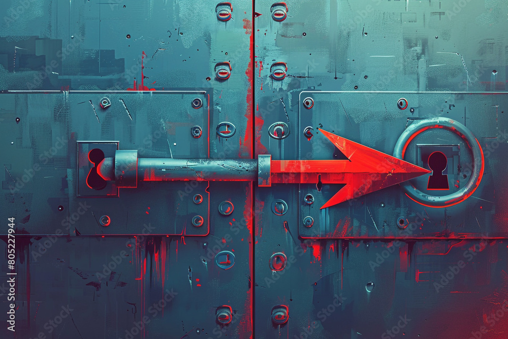 Illustration of a red arrow breaking through a series of locks ...