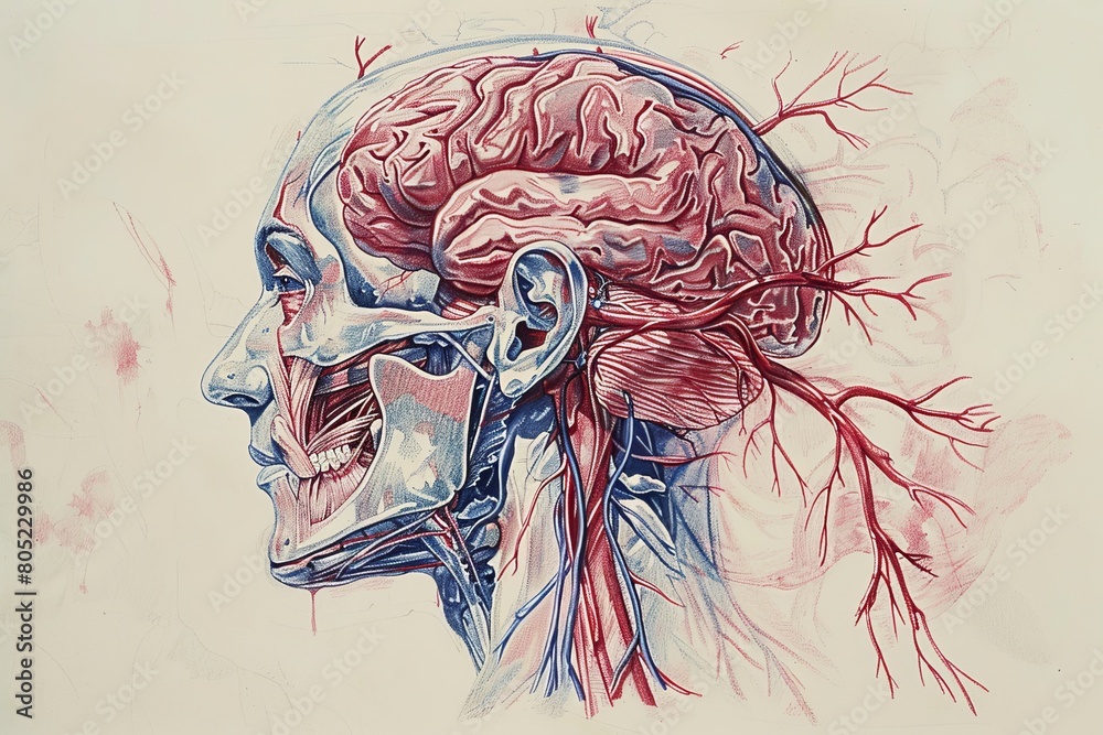 anatomical illustration, the brain, cranial nerves, and vascular system ...