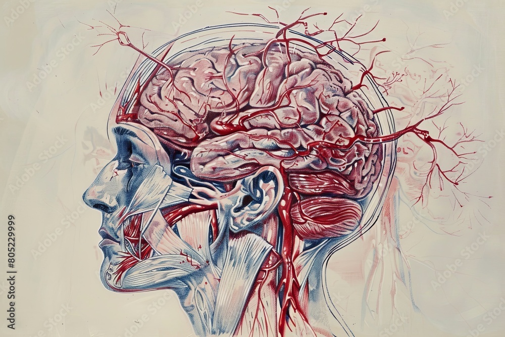 anatomical illustration, the brain, cranial nerves, and vascular system ...