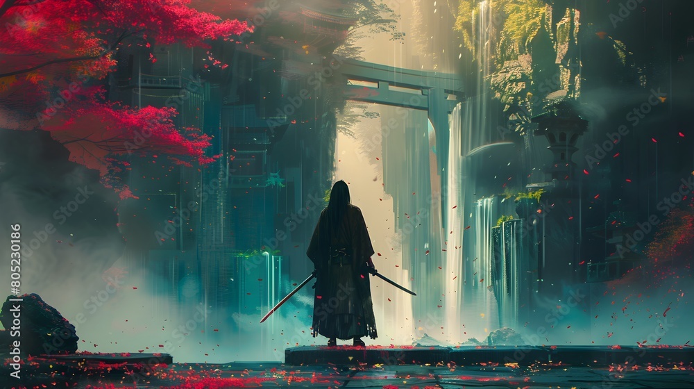 Samurai with Swords at a Misty Waterfall Garden Surrounded by Cherry ...