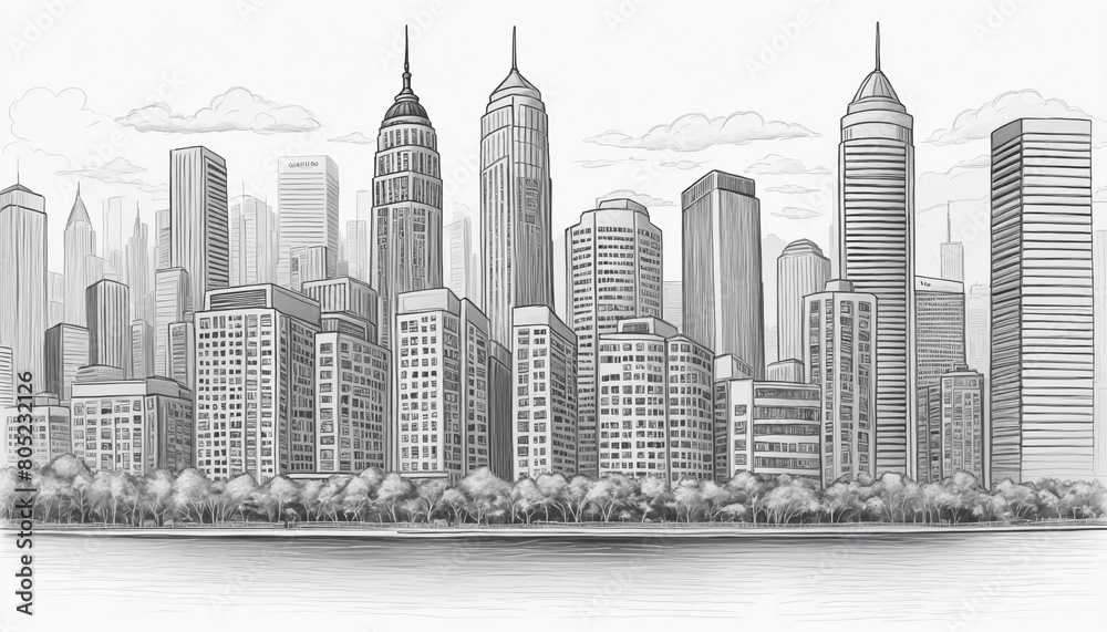 City skyline sketch featuring an array of urban buildings, high-rises ...