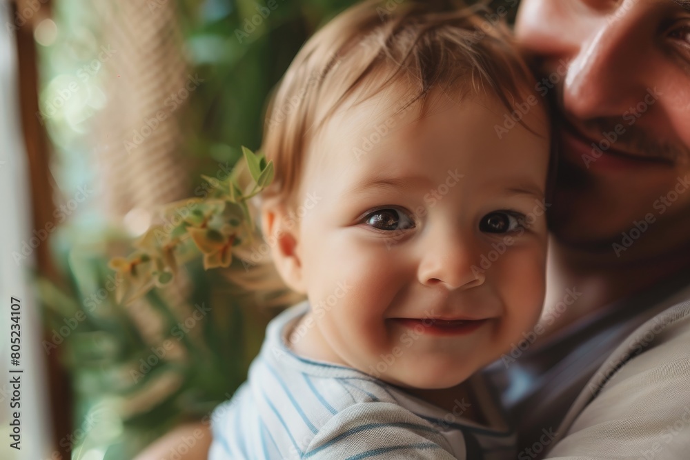 A delighted baby with a toothless smile in the arms of a father ...