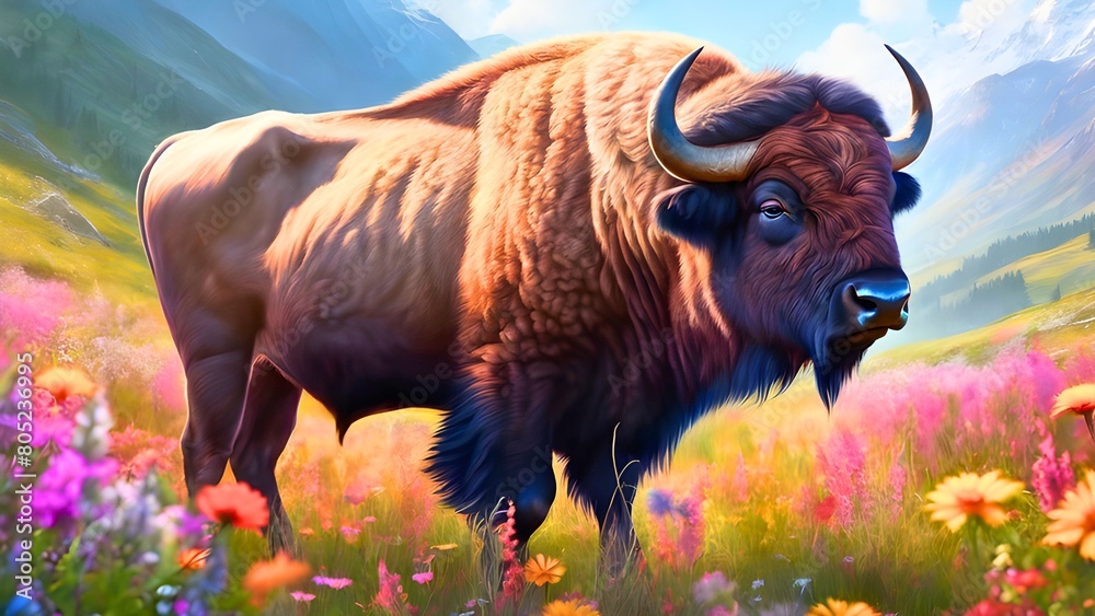 Highland buffalo has flowers at the head of the flower bed.African wild ...