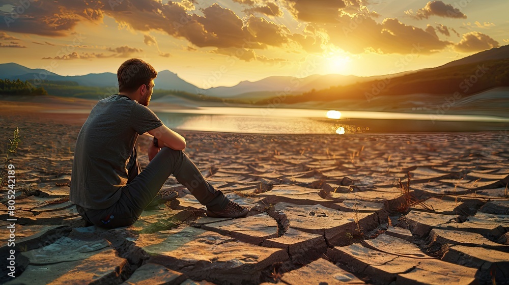 Young man sitting on cracked earth in a dried up river bed, with a ...