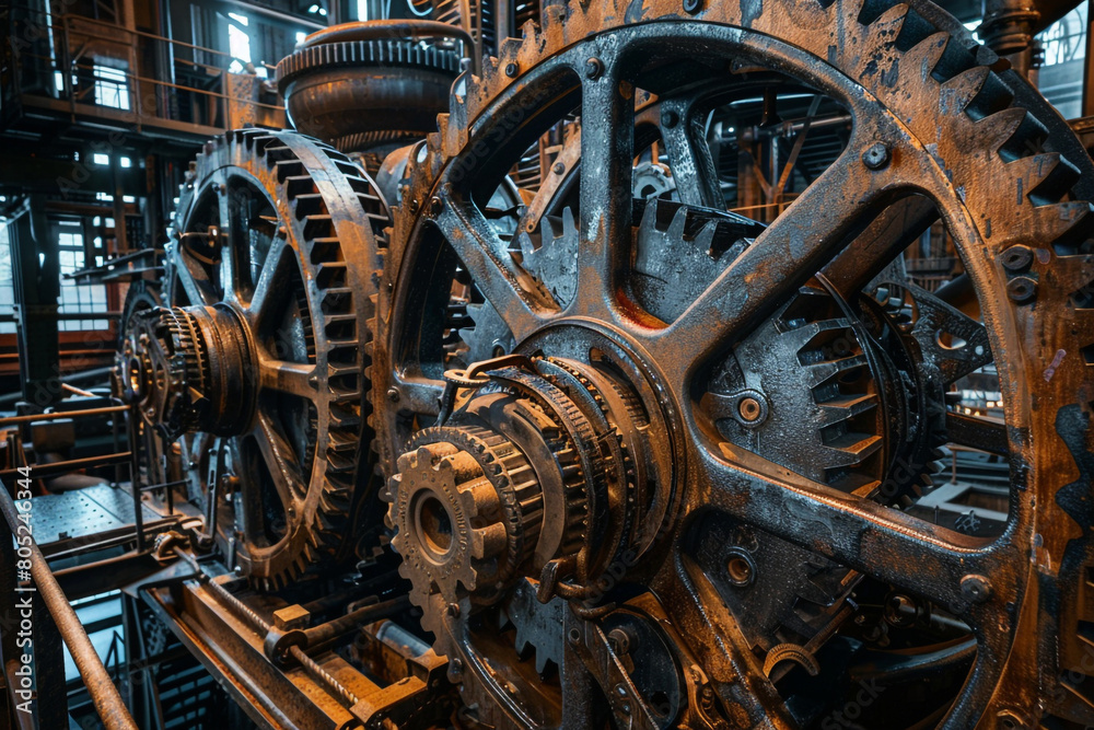 Massive gears and cogs inside an old mill, symbols of the industrial ...