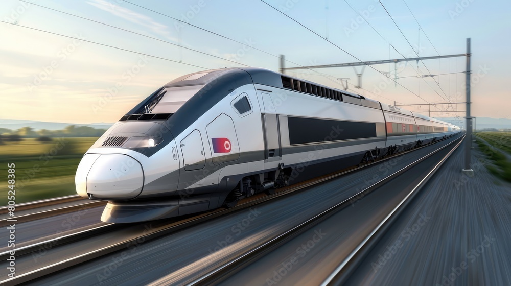 High speed train on the railway station at sunset. Industrial landscape ...
