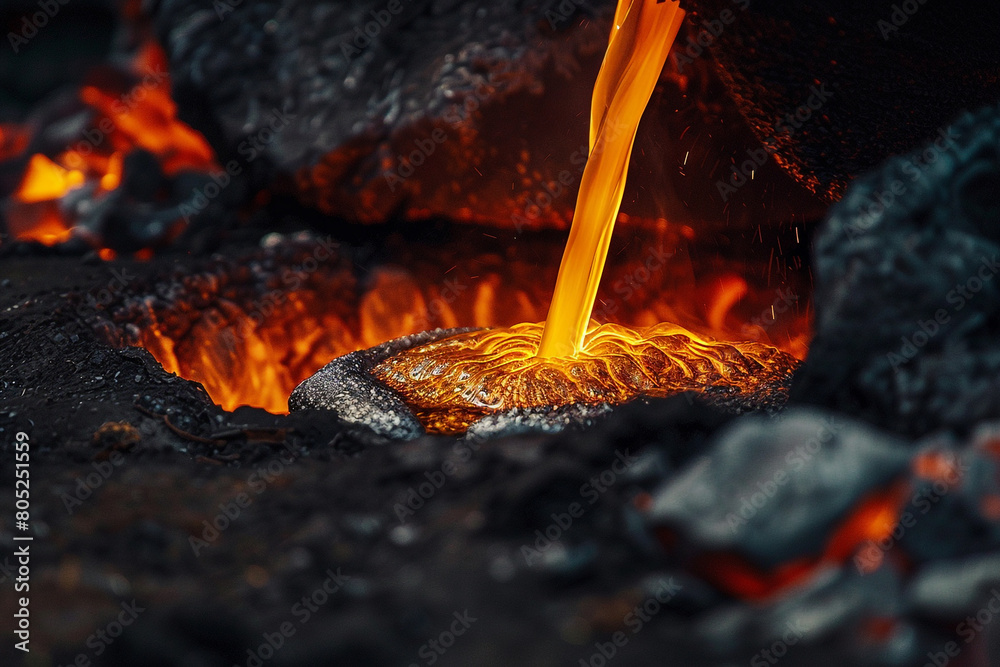 Molten steels radiant pour into a mold, up close, embodying the fiery ...