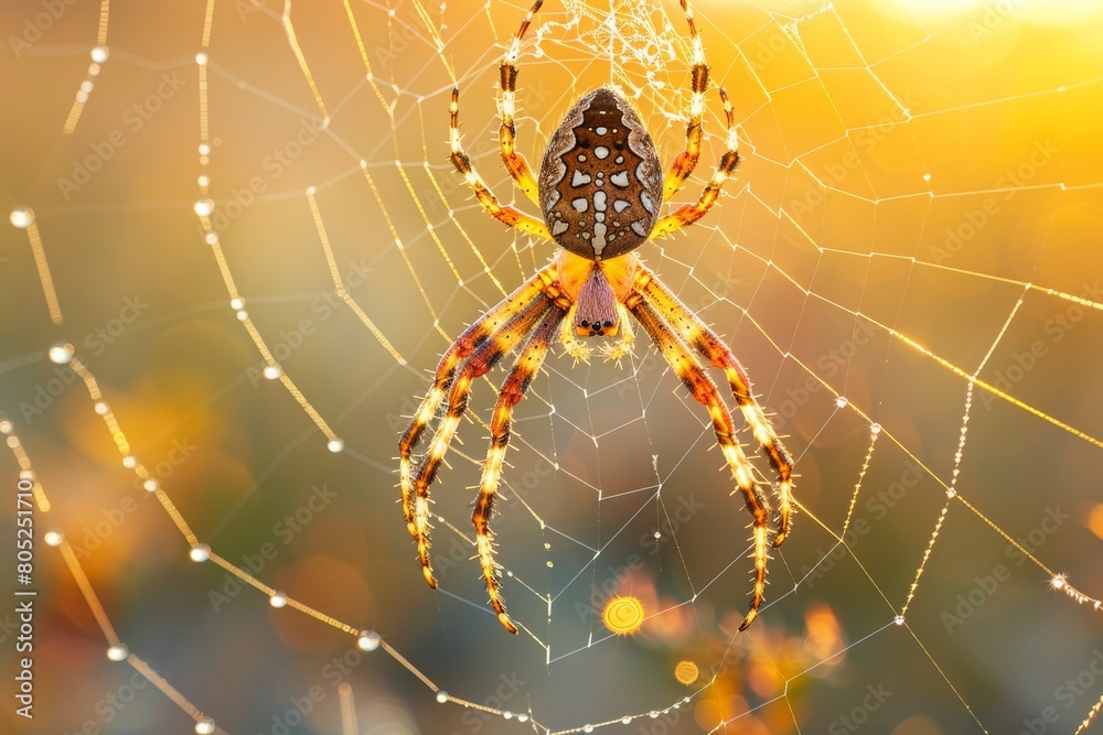 A spider weaving its web at dawn, illustrating the impeccable work ...